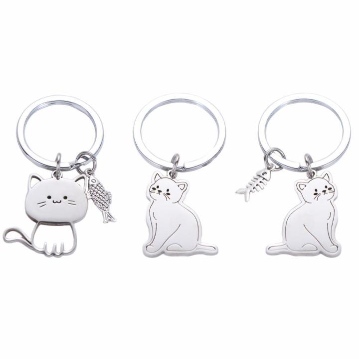 Lovely Stainless Steel Cat Fish Keychain Key Holder Couple Lovers Cat ...