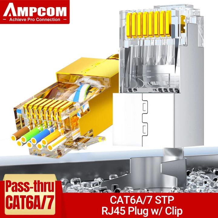 AMPCOM CAT7 Pass Through RJ45 Modular Plug Network Connectors STP 3/50μ ...