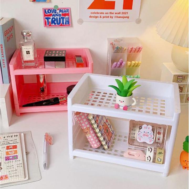 Plastic Double Layer Foldable Storage Rack Desktop Stationery Organizer ...