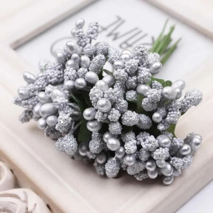 Mini Silver Artificial Stamen Bud Bouquet Leaf flowers - 12pcs Mini artificial Hair Flowers For ...