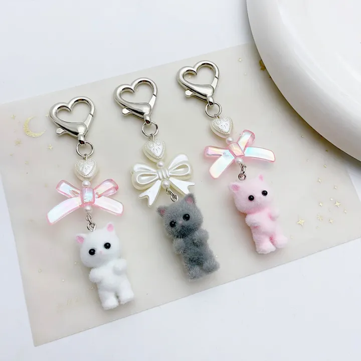 Cartoon Flocking Cat Pendant Keychain Y2K Heart Bow Shaped Key Ring For ...