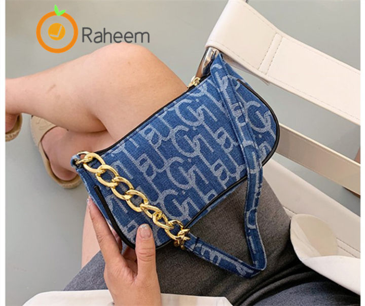 Raheem Women Letters Printing Design Denim Shoulder Bag Zipper Chain ...