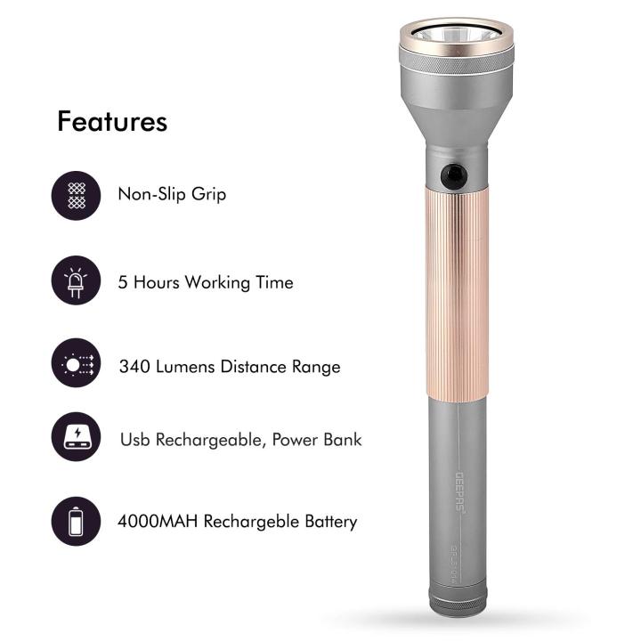 Geepas Rechargeable LED Flashlight with Inbuilt Power Bank for USB ...