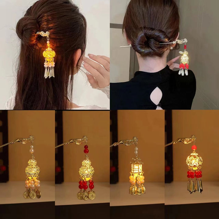 Royal Style Pearl Fringe Hairpin Retro Chinese Lantern LED Light Hair ...