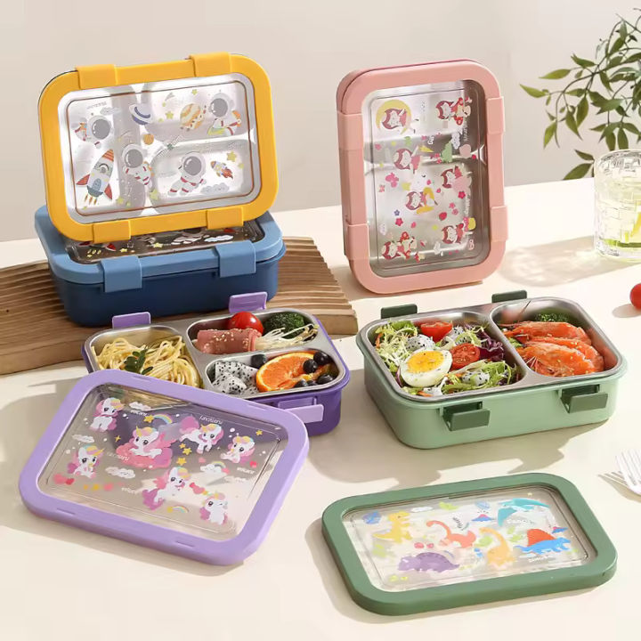Colourful Minds – 720ml 3-Compartment Stainless Steel Kids Lunch Box with Spoon & Fork ...