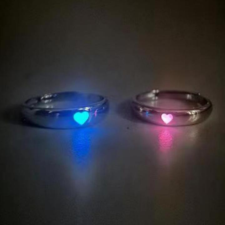 1/2 Pcs Blue/Pink Love Heart Luminous Ring for Women Men Glow In Dark ...