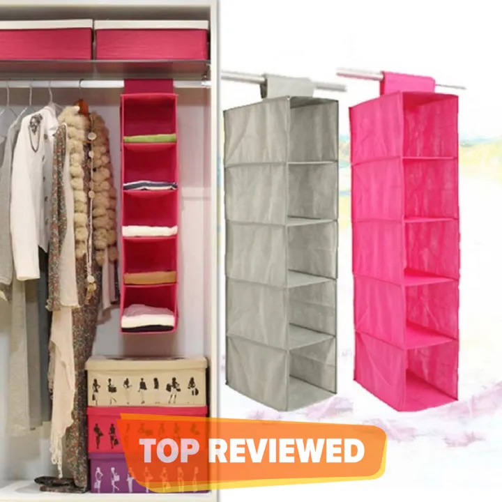 5 Shelf Closet Organizer Hanging Storage Bag Wardrobe Section Clothes ...
