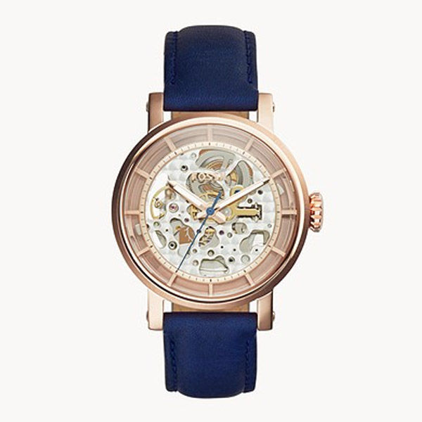 Fossil Original Boyfriend Blue Leather Strap Skeleton Dial Automatic ...