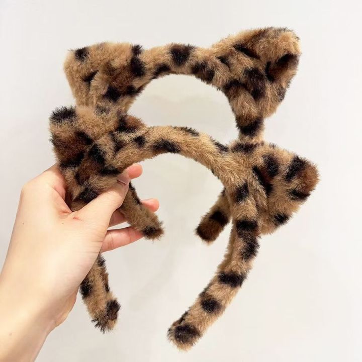 2025 New Leopard Print Cat Ear Plush Headband Women Face Washing Makeup ...