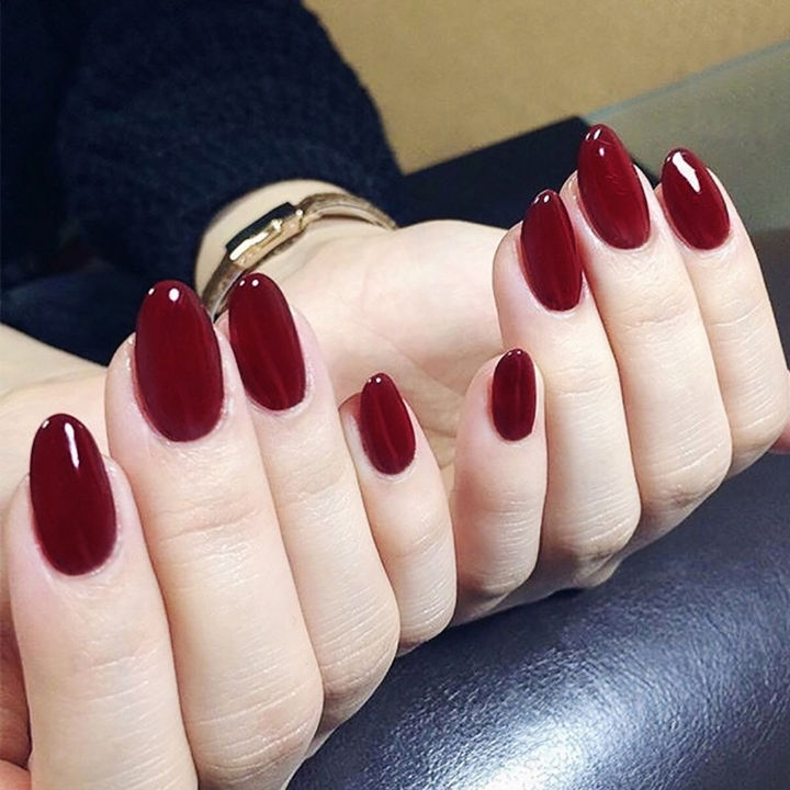 555-24pcs Vintage Wine Red Artificial Nails Medium Length Round Tip ...
