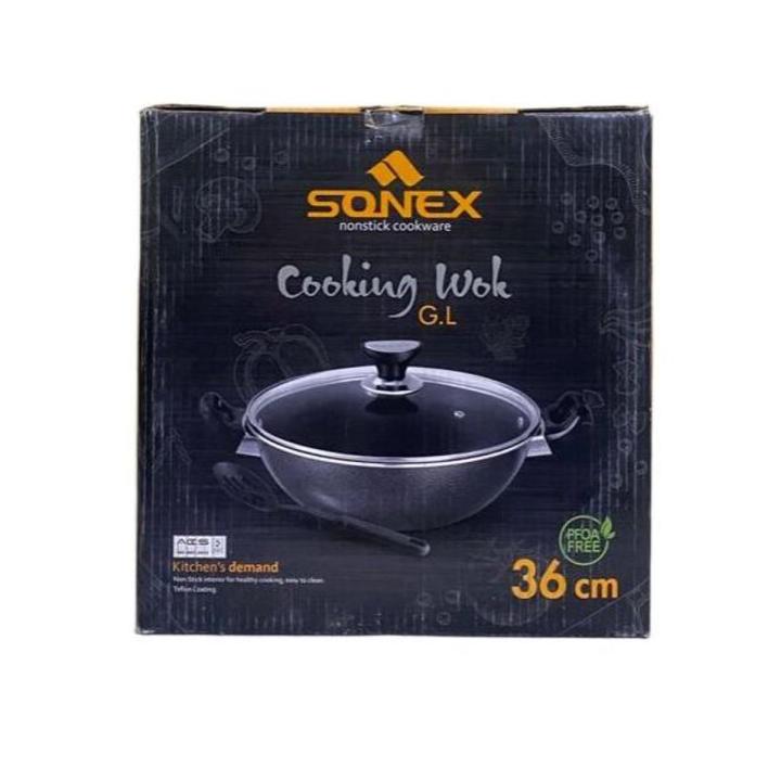 Sonex Non Stick Cooking Wok with Glass Lid - Black | Daraz.pk