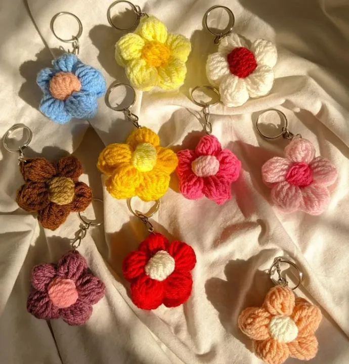 Handmade Crochet Puff Flower Keychain – Delicately Crafted Floral Charm ...