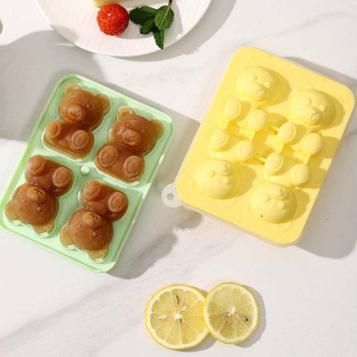 4 Grids Bear Ice Mold 3D Bear Silicone Ice Cube Tray DIY Ice Ball Juice ...