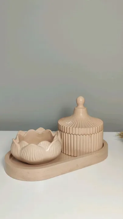 Handmade Beige Plaster & White Cement Tray Set | Lidded Jar & Scalloped ...