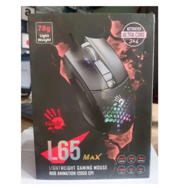 BLOODY Gaming Mouse L65 Max - Stone Black, Lightweight 78 Grams, BC3332-A Sensor, RGB Animation ...