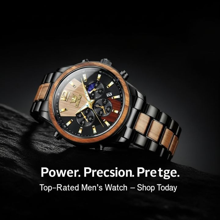 OLEVS 3645 Men’s Steel & Wood Chronograph – Moon Phase Edition | Daraz.pk