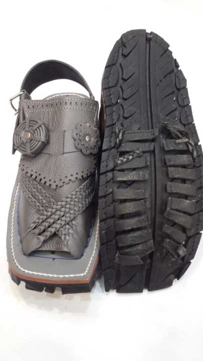 Grey Traditional Leather Balochi Peshawari Chappal For Men | Daraz.pk