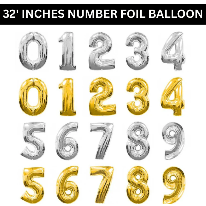 32 Inches Number Foil Balloons Golden & Silver Colors For BIrthday ...