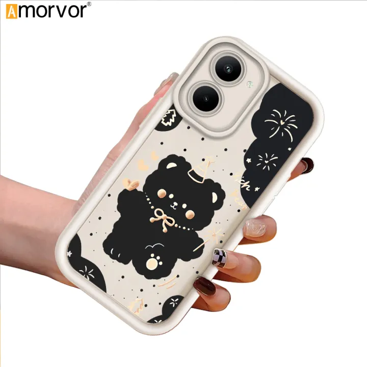 AMORVOR for Realme C33 Back Cover Soft Square Ladder Cute Black Bear ...