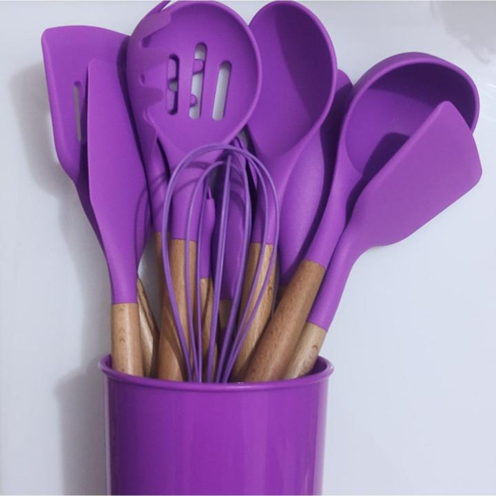 12Pcs Food Grade Safety Silicone Utensils with Wooden Handles, Heat ...