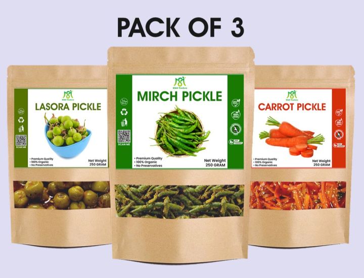 Pack of 3 Home Made Lasoora +Sabz Mirch +Carrot Pickle Lasora Green ...
