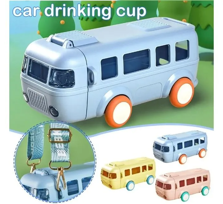 Plastic Bus Water Bottle for Kids with Strap Sipper and Straw with Lock ...