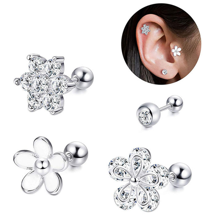 Stainless Steel Labret Piercing Ball Round Ear Stud CZ Crystal Ear ...