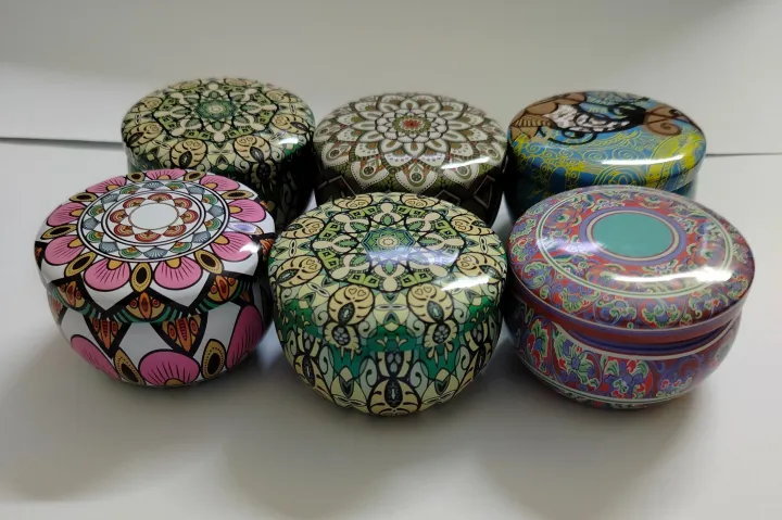 Small mini empty printed tins, empty printed jar, small storage printed ...