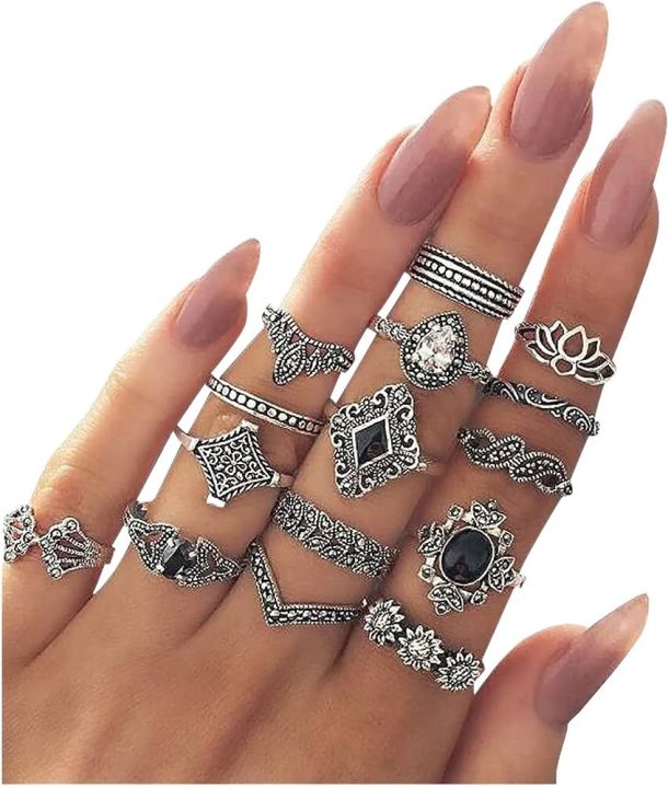 15Pcs/Set Alloy Silver Black Stone Party Anillo/Crown Elephant Rings ...