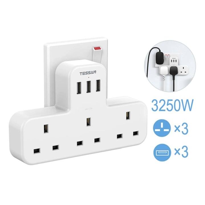 TESSAN PK Multi Plug Adapter 3 Way Outlets with 3 USB Ports Wall Socket ...