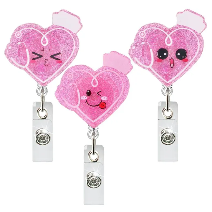 Pink Badge Reel Rotatable Acrylic Love Heart Id Holder Badge Holder for ...