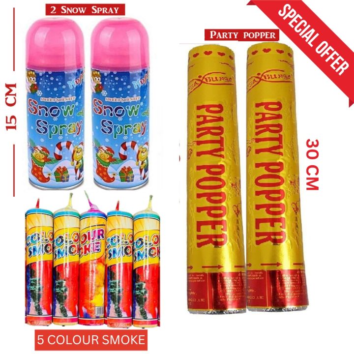Deal of 2 x Snow Spray | 2 x Party Popper | 5 x Color Smoke Bomb For ...
