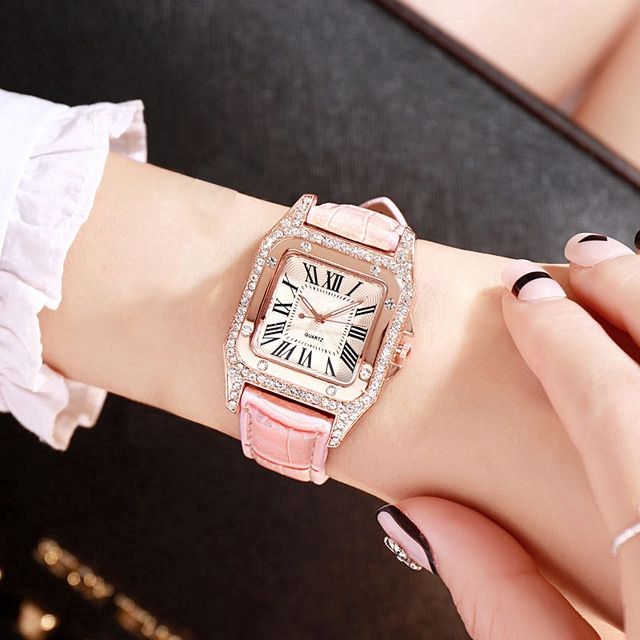 Women's Diamond Watch Rose Gold Bracelet Set Casual PU Leather Band ...
