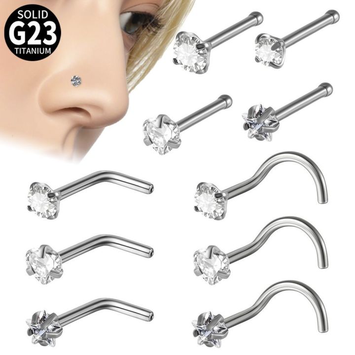 【Trendy designs】g23 Titanium Alloy Basic Nose Stud L Round Zircon Nose ...