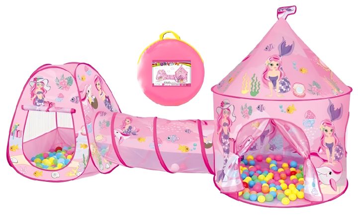3-in-1 Kids Set Play Tent with Tunnel & Ball Pit - Princess Mermaid ...