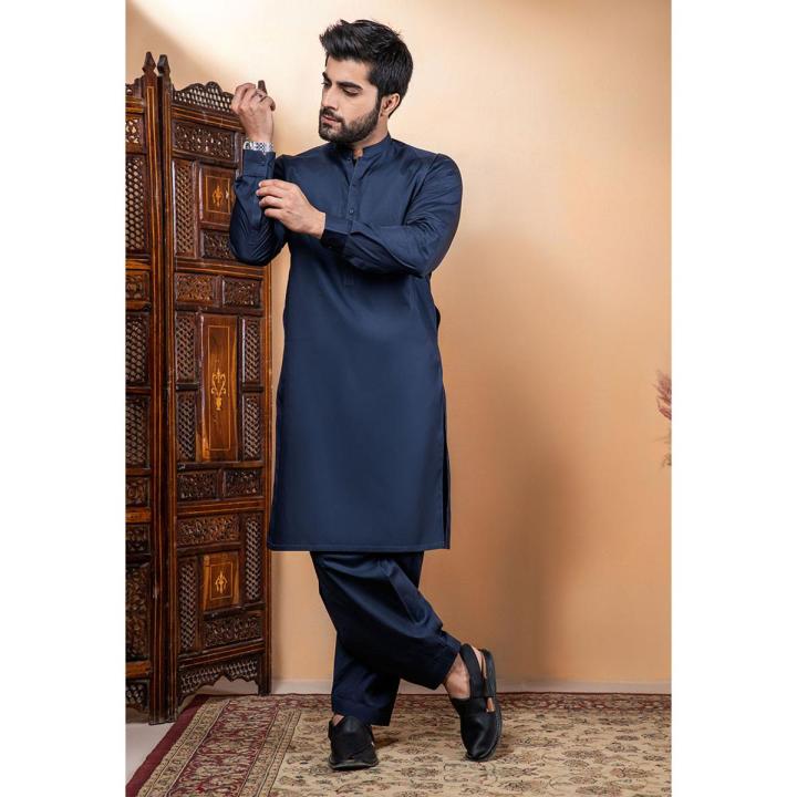 Califord's Band collar Shalwar kameez for men- Navy blue | Daraz.pk