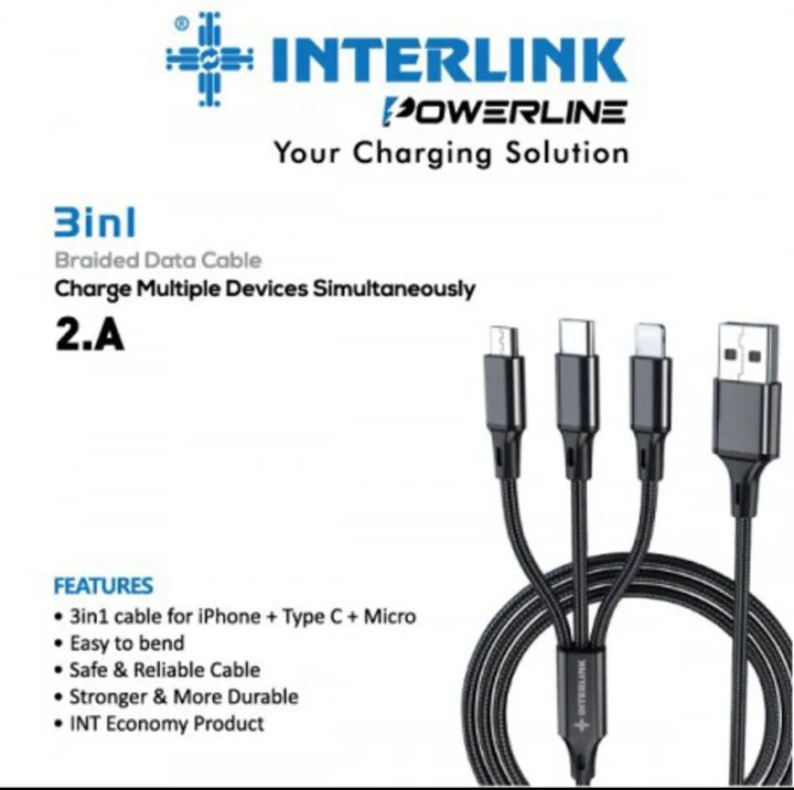 Powerline 3-in-1 Data Cable (Interlink) Nylon Braided | Daraz.pk