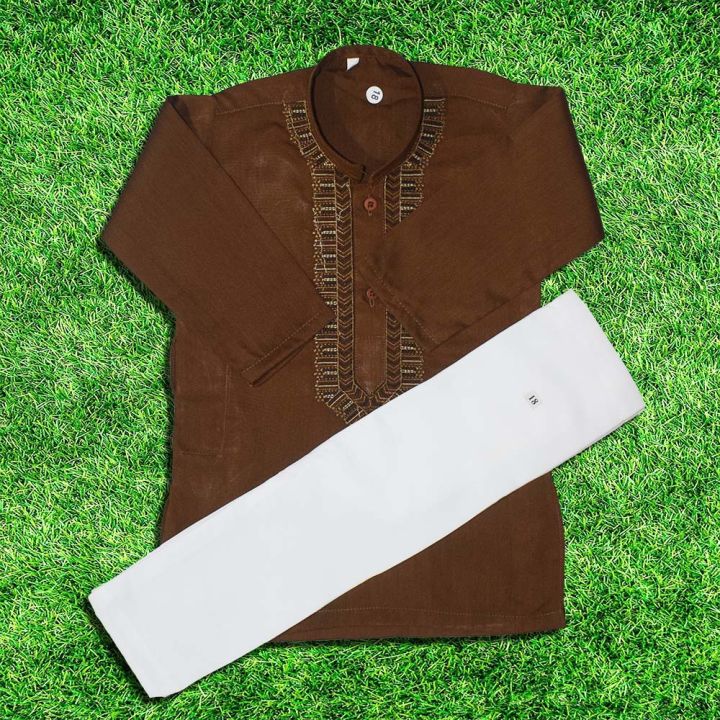 Plain Pattern Embroidered Copper Color Kurta With White Pajama For Boys ...