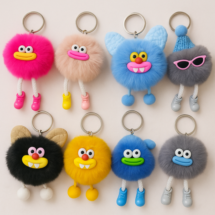 Fluffy Pom Pom Cartoon Keychain – Cute Funny Face Bag Charm with ...