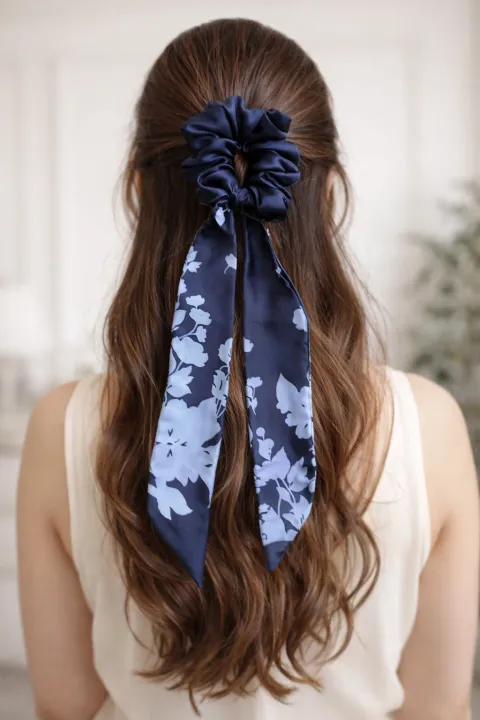 Silk Hair Scrunchie with Scarf | Premium Floral Bow Scrunchies for ...