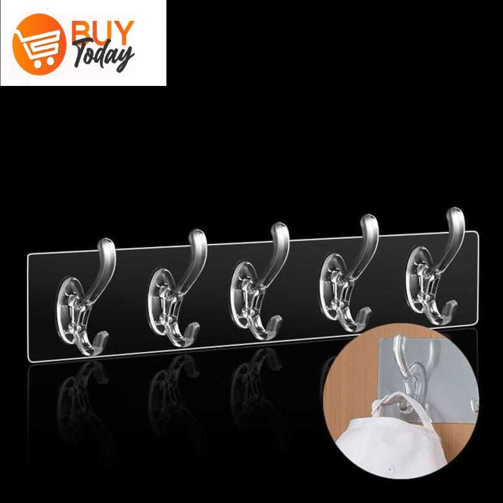 Transparent 5 Hooks Hanger Self Adhesive Clothes Hanger Cloth Hanger ...