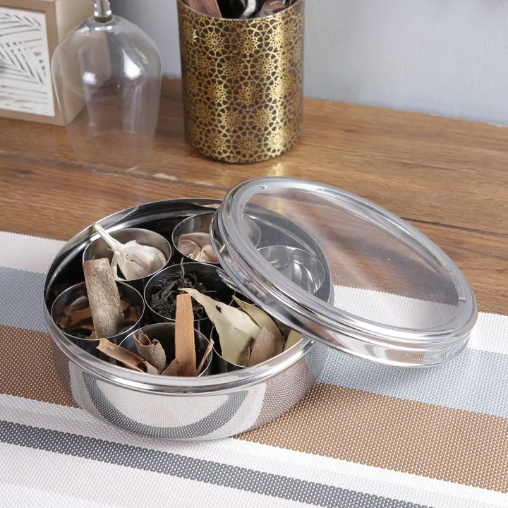 7 Partitions Spices Container Kitchen Masala Box with Acrylic Glass Lid ...