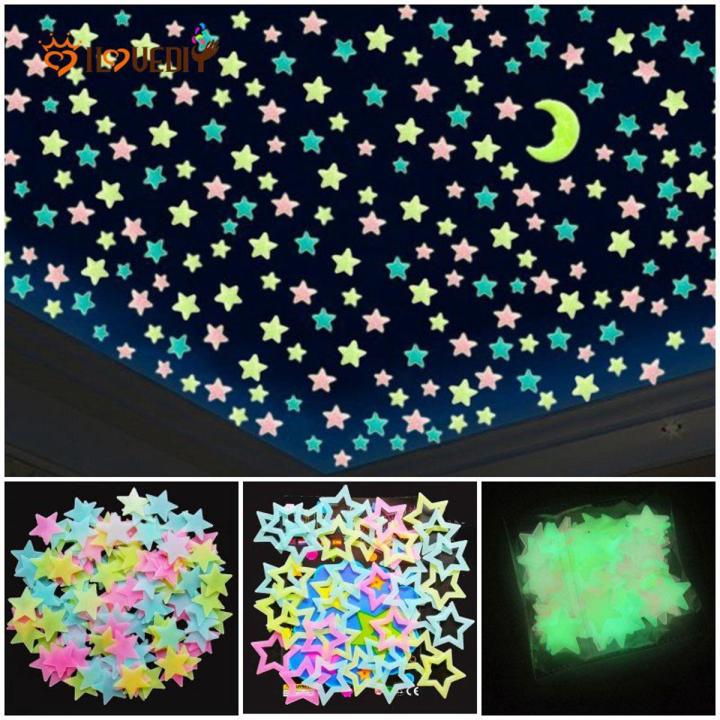 3D PVC Fluorescent Luminous Glow In The Dark Moon Stars Stickers Kids ...