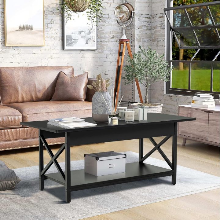 Coffee Table, 2-Tier Wood Cocktail Tea Table with Storage Shelf and X ...