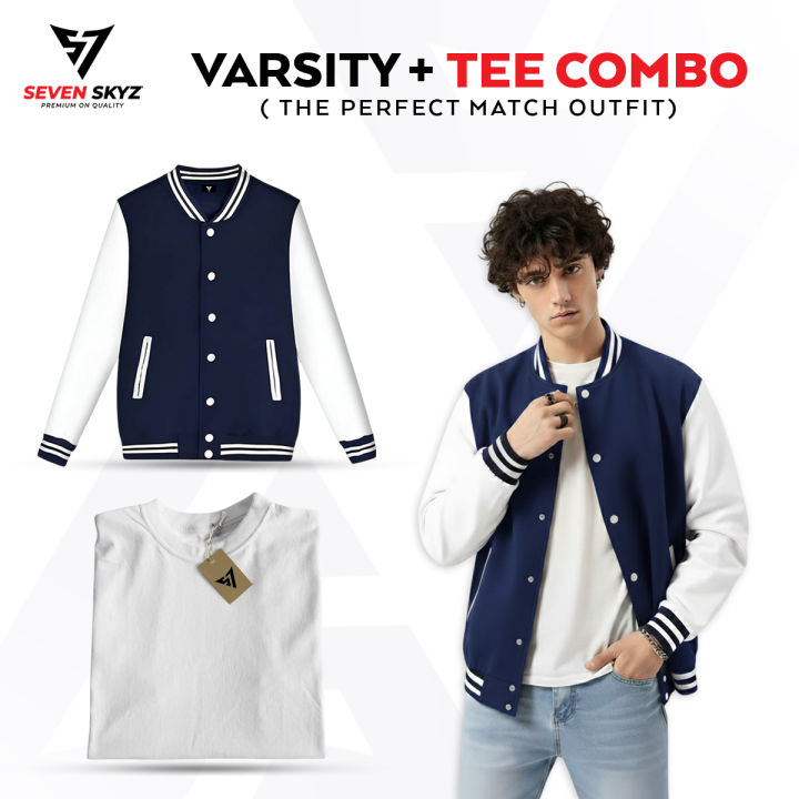 2-in-1 Varsity Jacket with Inner White Tee for Men – Navy Blue & White ...