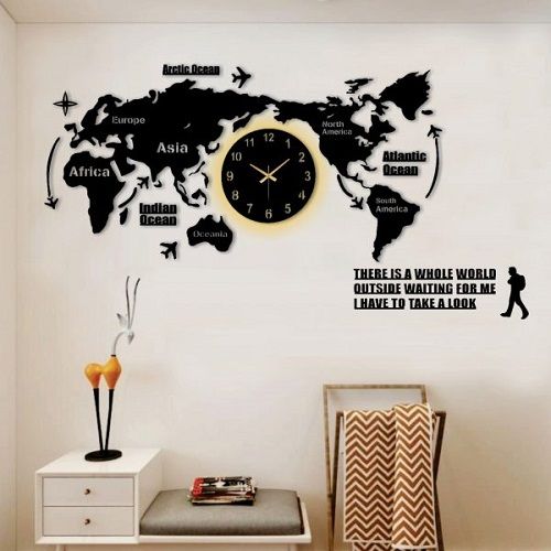 World Map Wall Clock With Rope Light, Creative Wooden World Map Wall ...