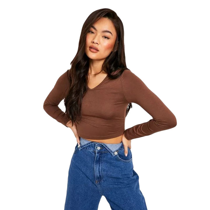 WOMEN CROPPED TOP V NECK LONG SLEEVE T SHIRT | Daraz.pk