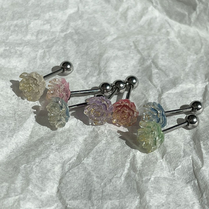1Pair Romantic Flower Ear Bone Piercing Earrings Camellia Flower Studs ...