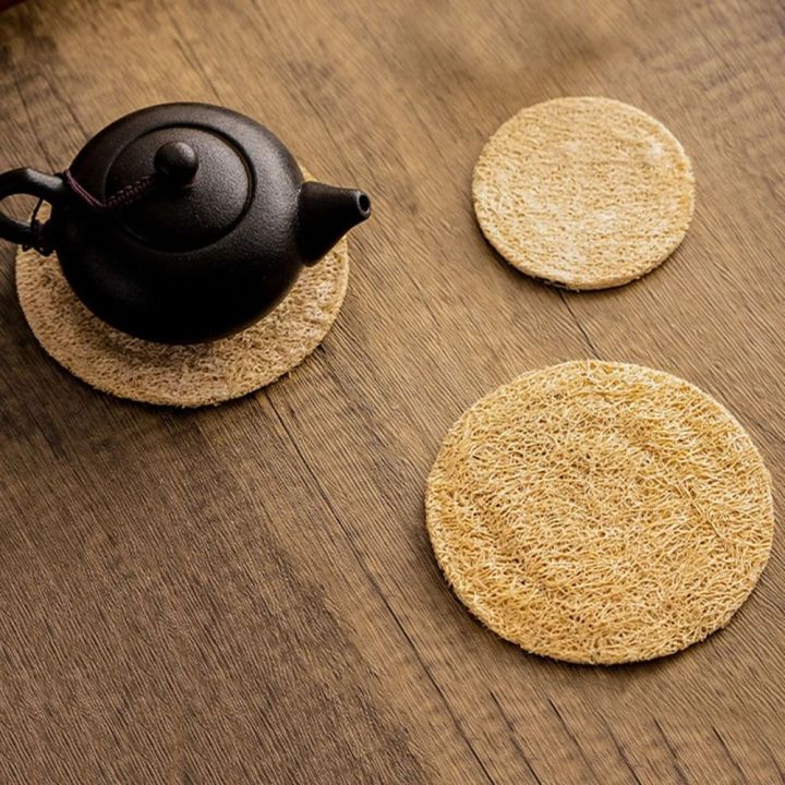 Teaware Round Tea Cup Mat Loofah Fibre Double sided Teapot Pad Heat ...