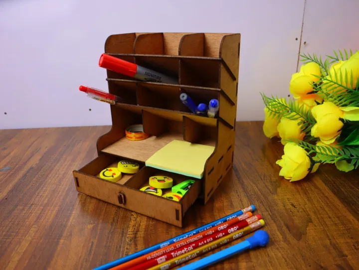 "Wooden Stationary Organizer Box – Desk Organizer for Study Table with ...